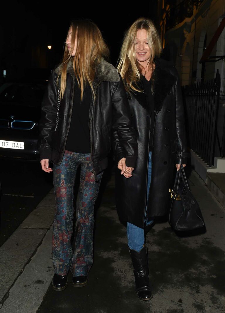 Kate Moss in a Black Coat Out with Lilly Grace Moss Arrives at Oswald’s ...