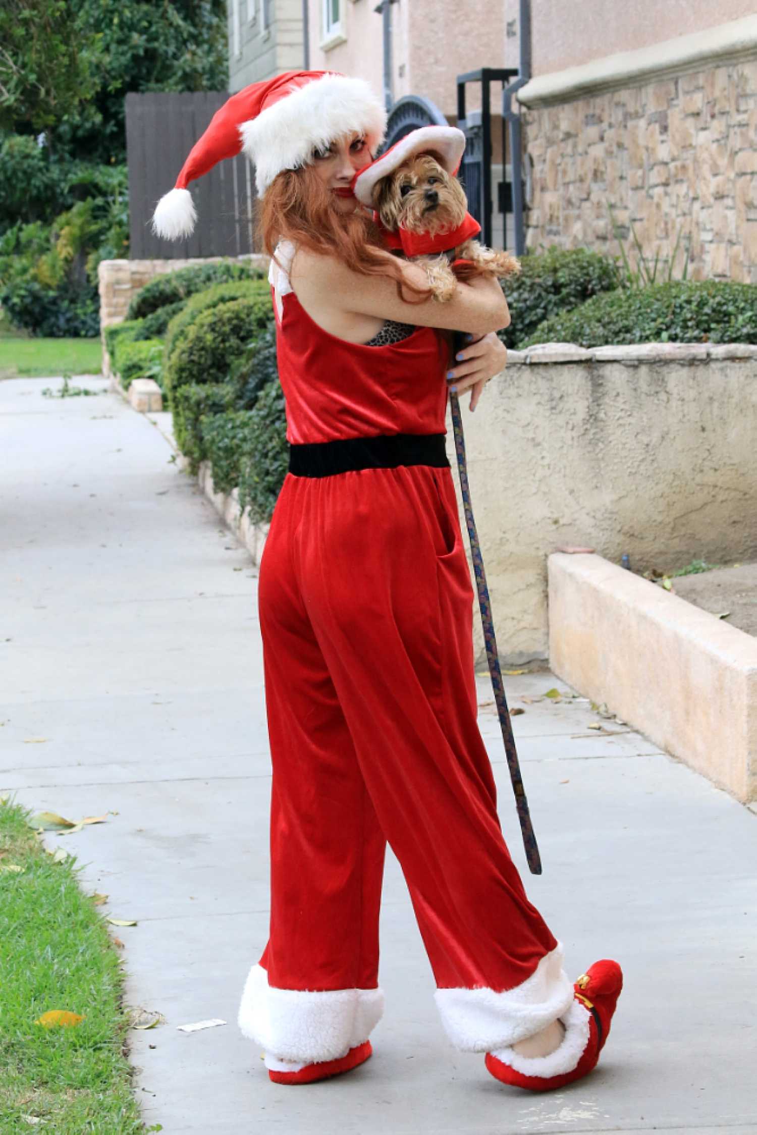 Phoebe Price Dressed as Miss Clause Posing with Her Dog in Los Angeles ...