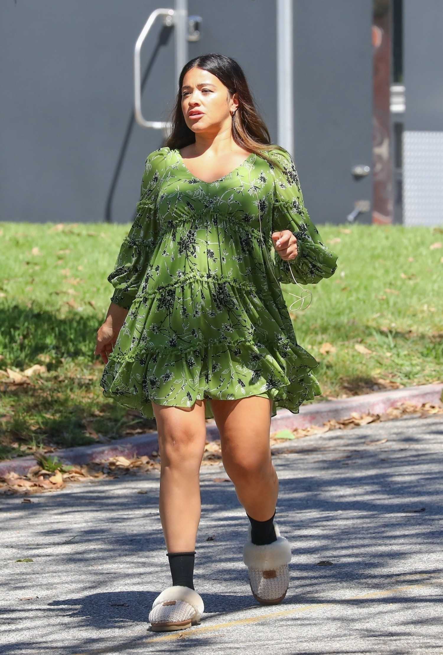 Gina Rodriguez in a Green Dress on the Set of Not Dead Yet in Los ...