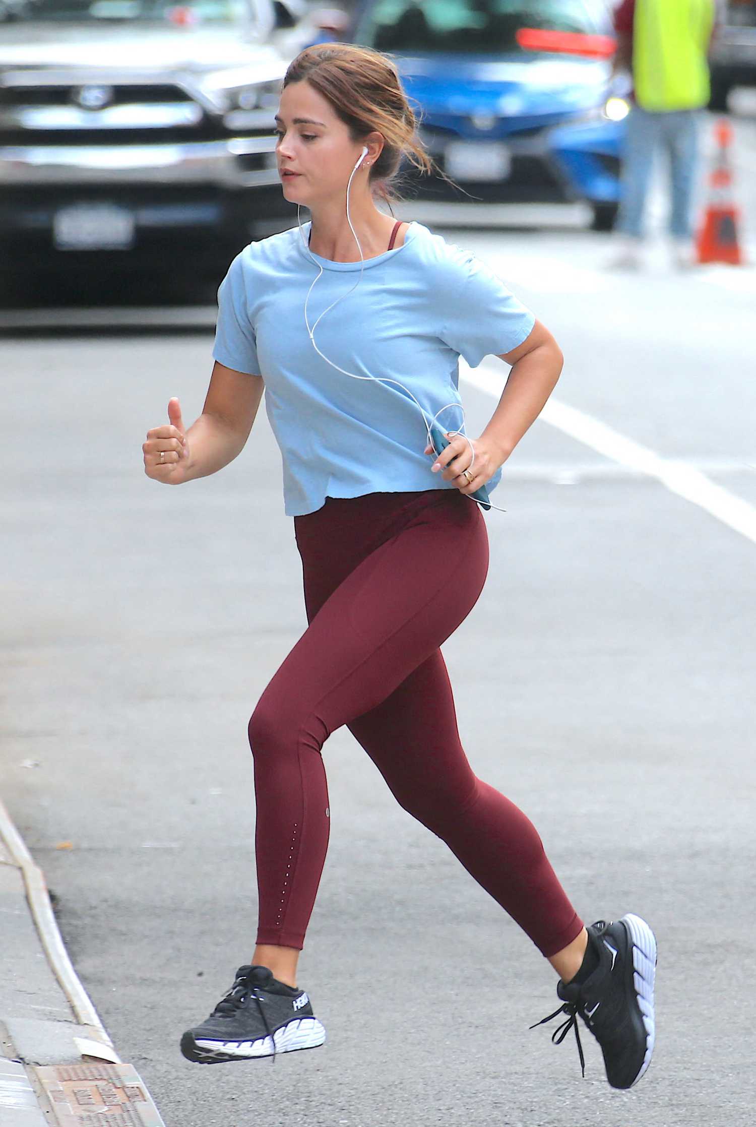 Jenna Coleman in a Blue Tee Filming a Scene on Her New TV Series ...