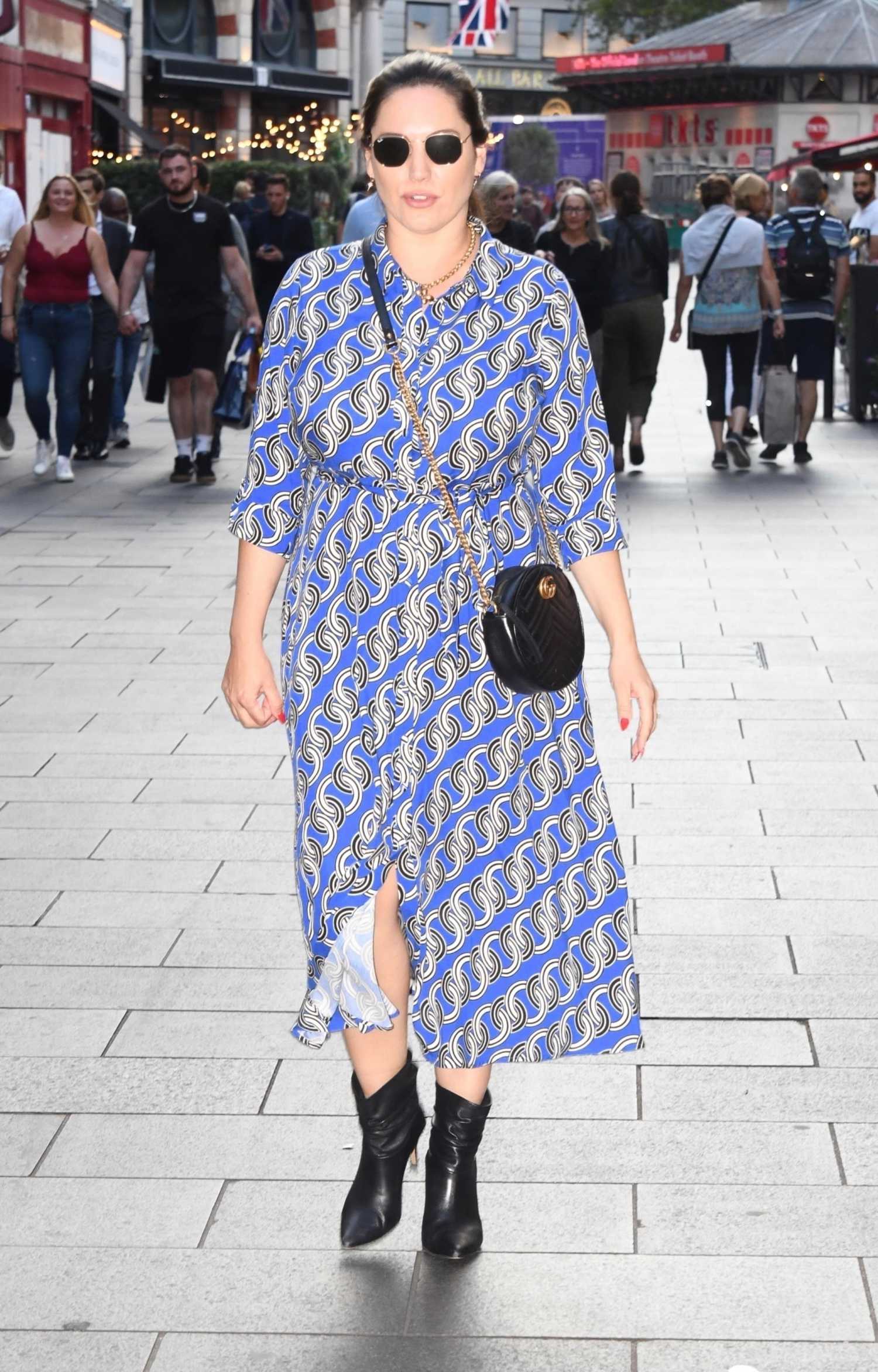 Kelly Brook in a Blue Patterned Dress Leaves the Heart Radio Studios in ...