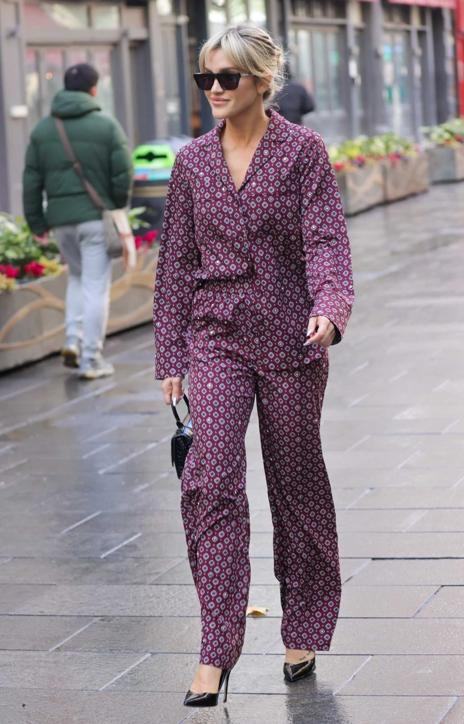 Ashley Roberts in a Patterned Burgundy Trouser Set Was Seen Out in ...