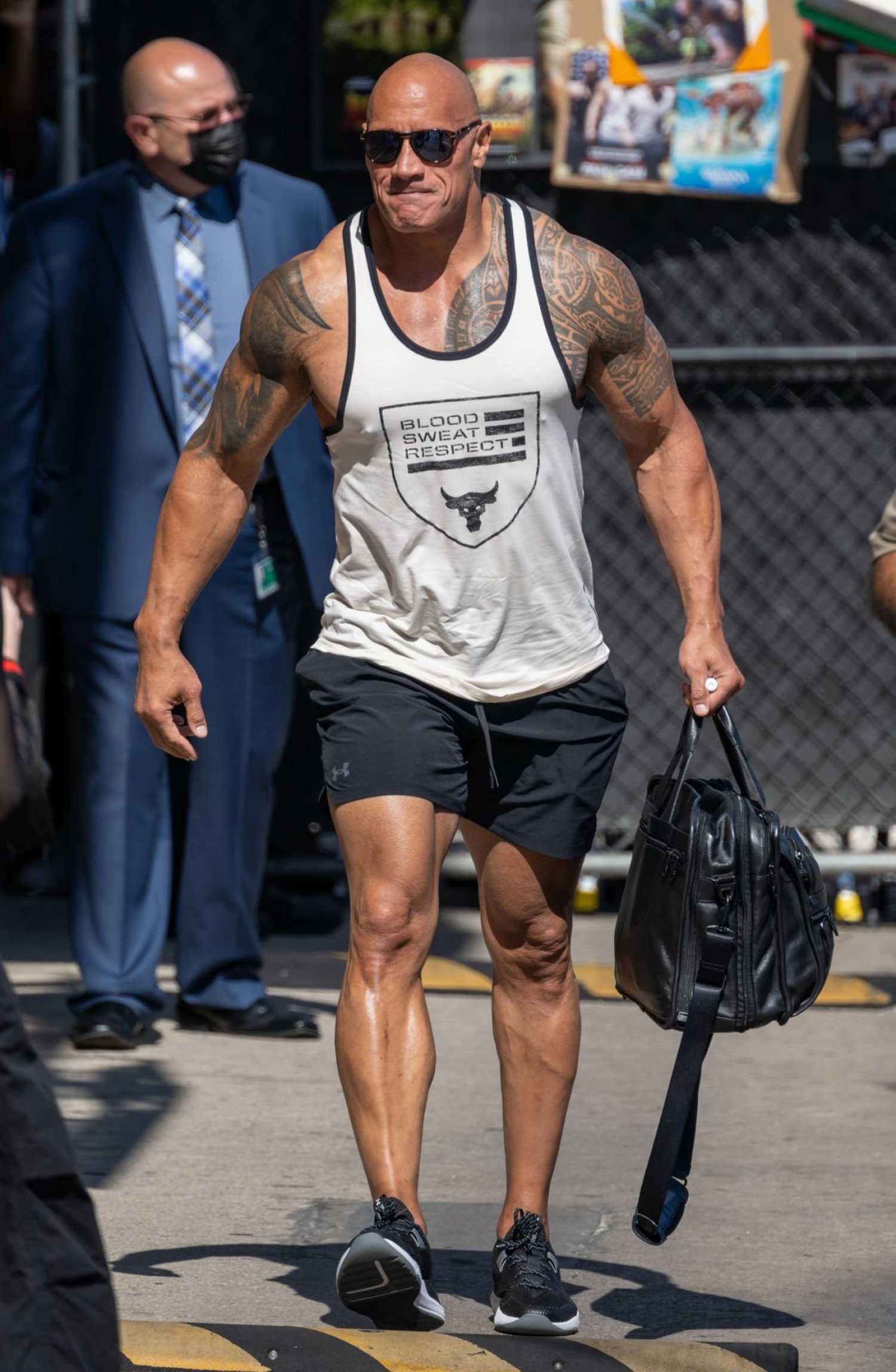 Dwayne Johnson in a White Tank Top Arrives at Jimmy Kimmel Live! Studios in Los Angeles – Celeb ...