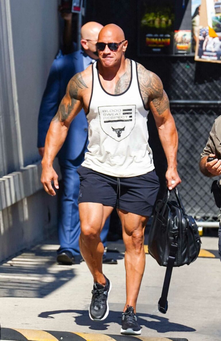 Dwayne Johnson in a White Tank Top Arrives at Jimmy Kimmel Live! Studios in Los Angeles – Celeb ...