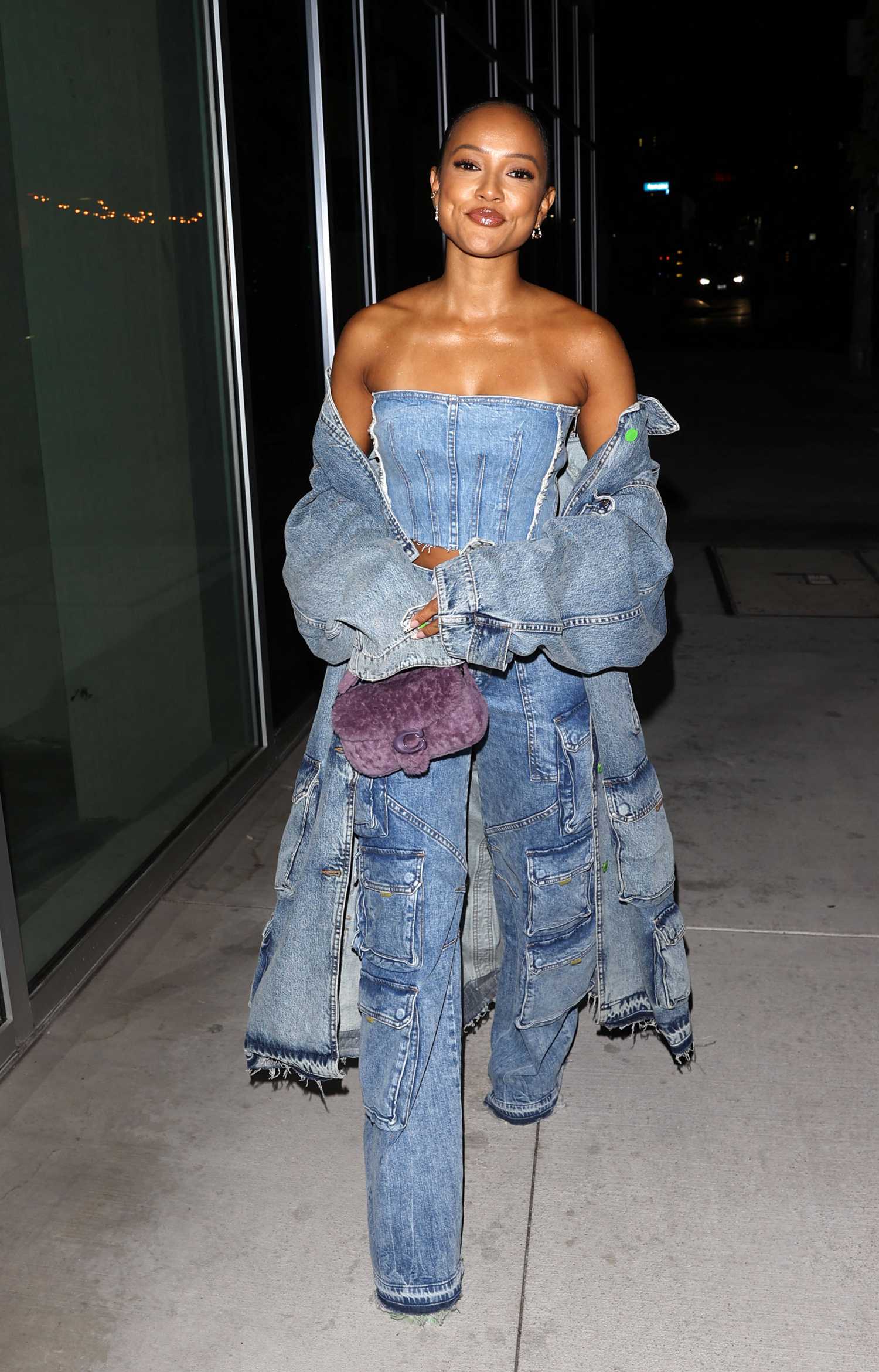 Karrueche Tran in a Denim Outfit Arrives at Mr. T Restaurant in ...