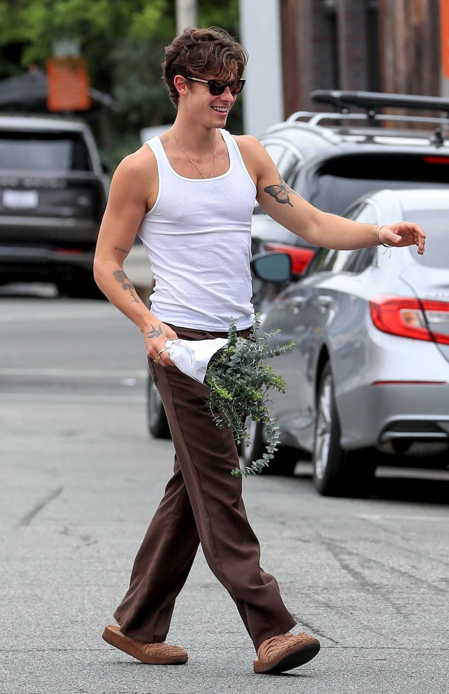 Shawn Mendes in a White Tank Top Goes Shopping for Flowers at the ...
