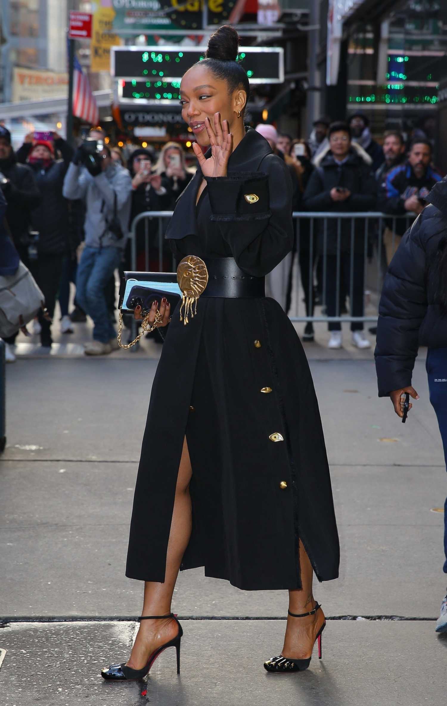 Naomi Ackie In A Black Coat Leaves Good Morning America In New York