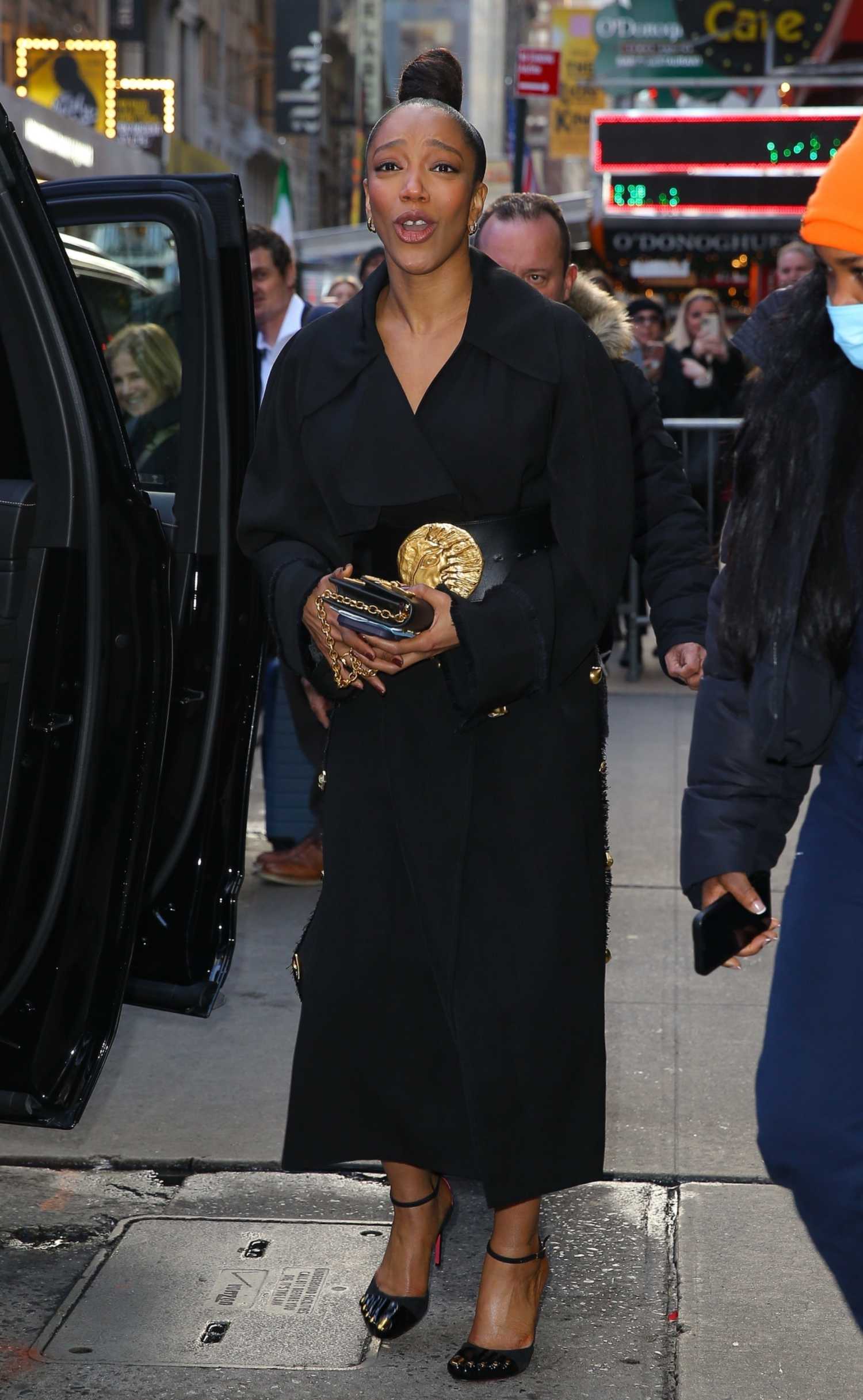 Naomi Ackie In A Black Coat Leaves Good Morning America In New York