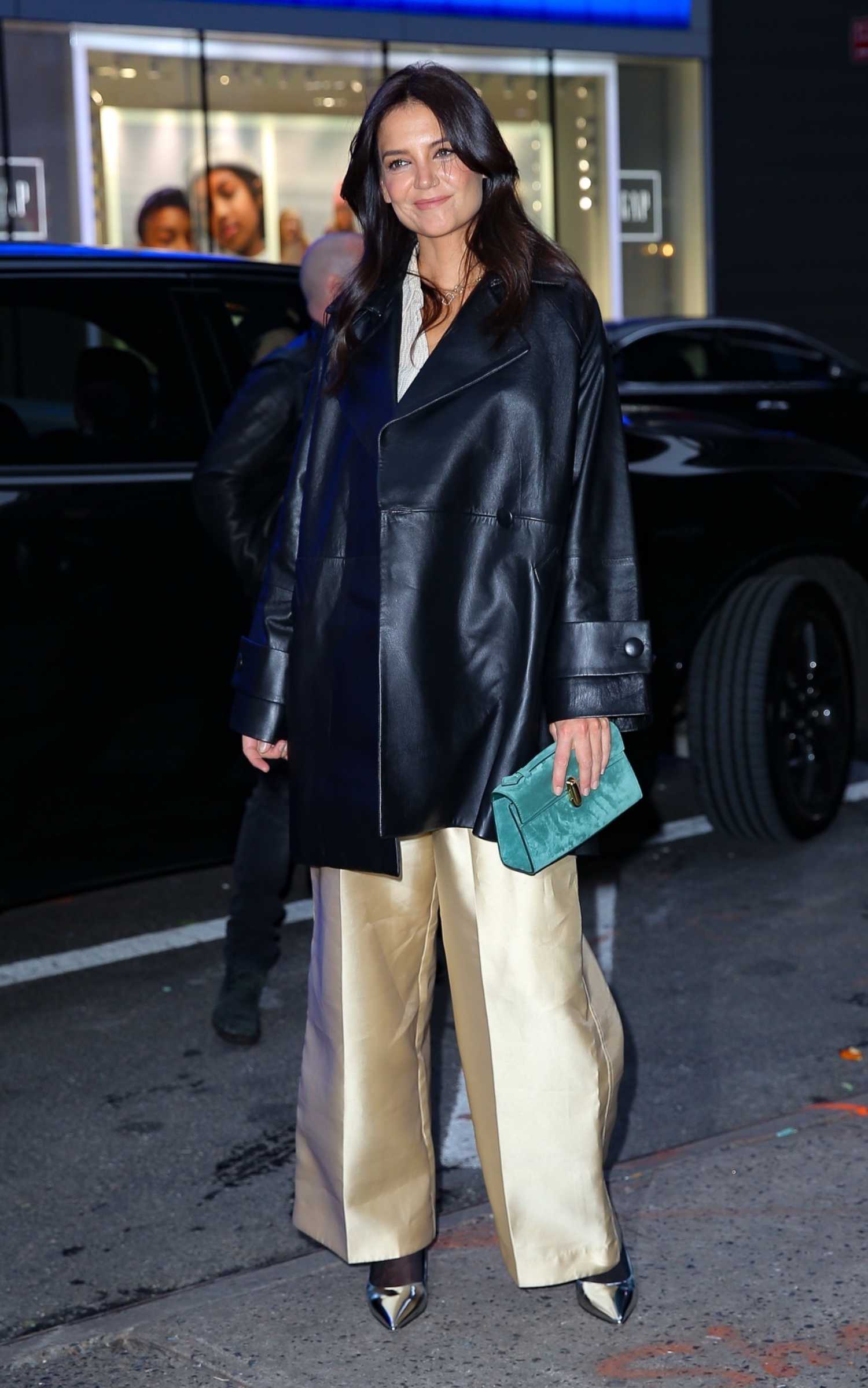 Katie Holmes in a Black Leather Jacket Arrives at Good Morning America ...