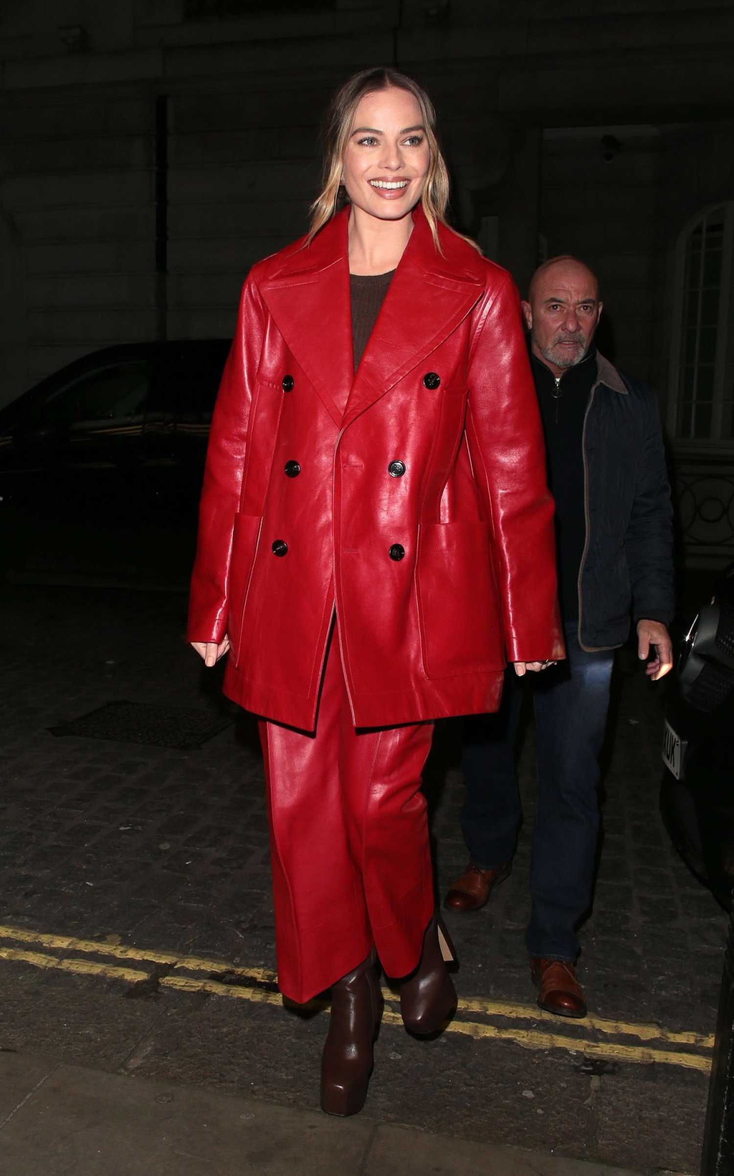 Margot Robbie in a Red Leather Pantsuit Was Seen Out in London – Celeb ...
