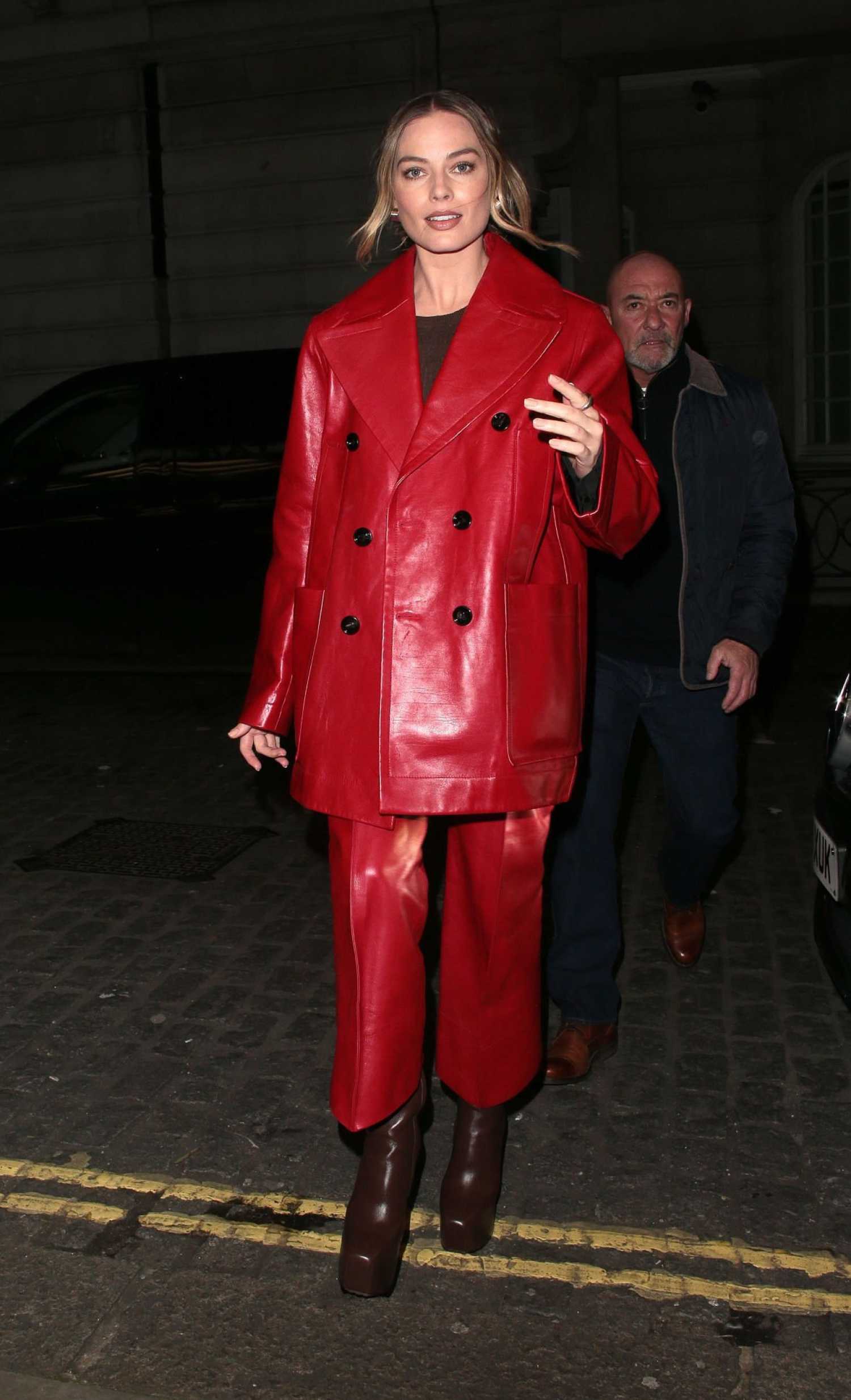 Margot Robbie in a Red Leather Pantsuit Was Seen Out in London – Celeb ...