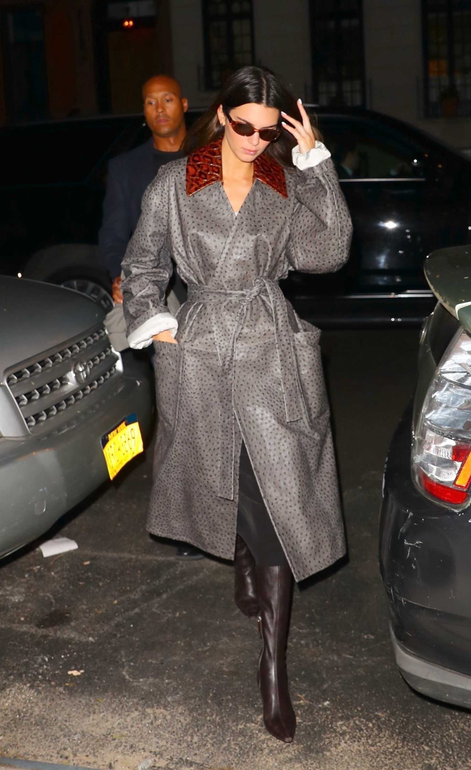 Kendall Jenner in a Grey Animal Print Leather Coat Steps Out for an ...