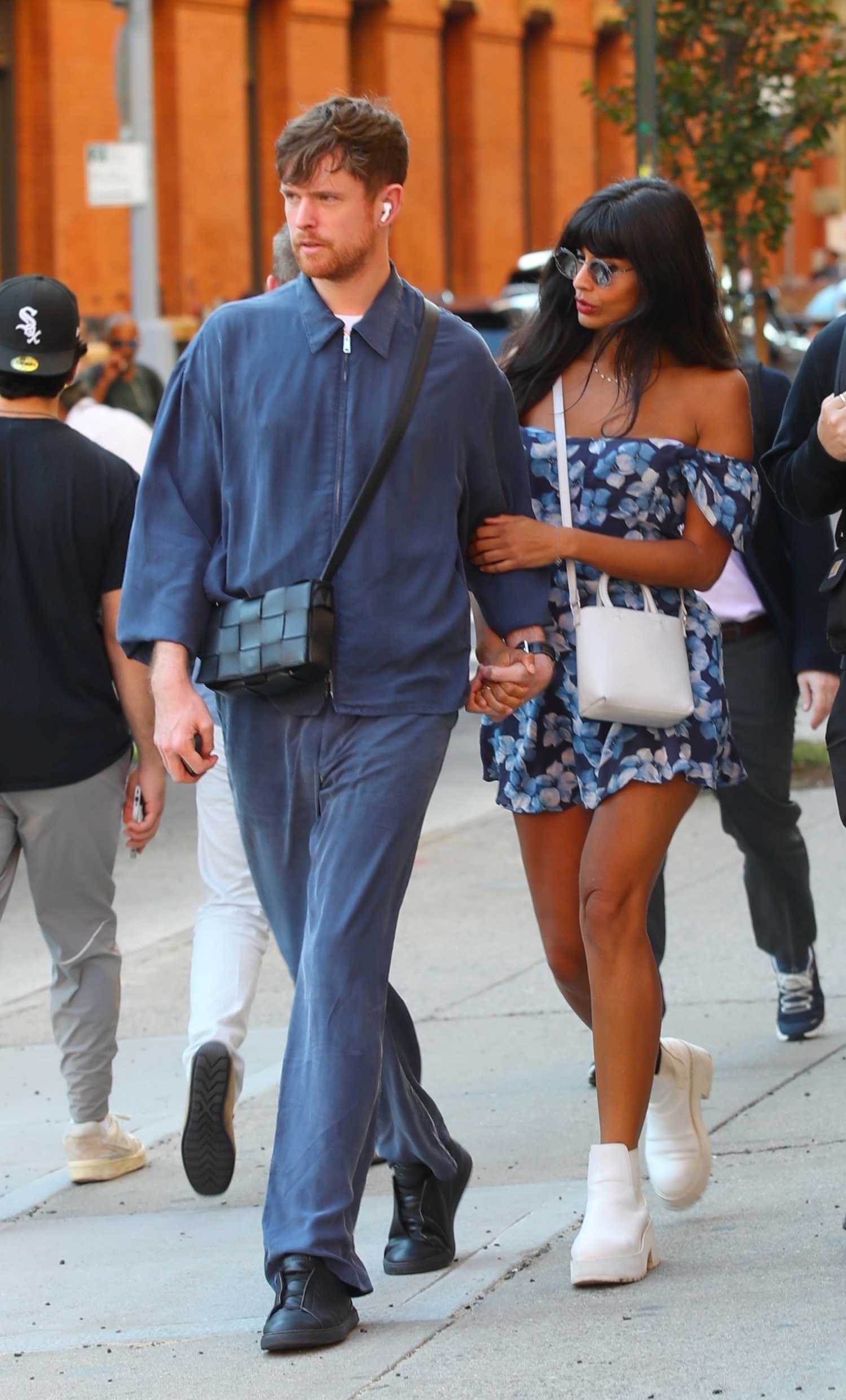 Jameela Jamil in a Blue Floral Mini Dress Walks Out with Her Boyfriend ...