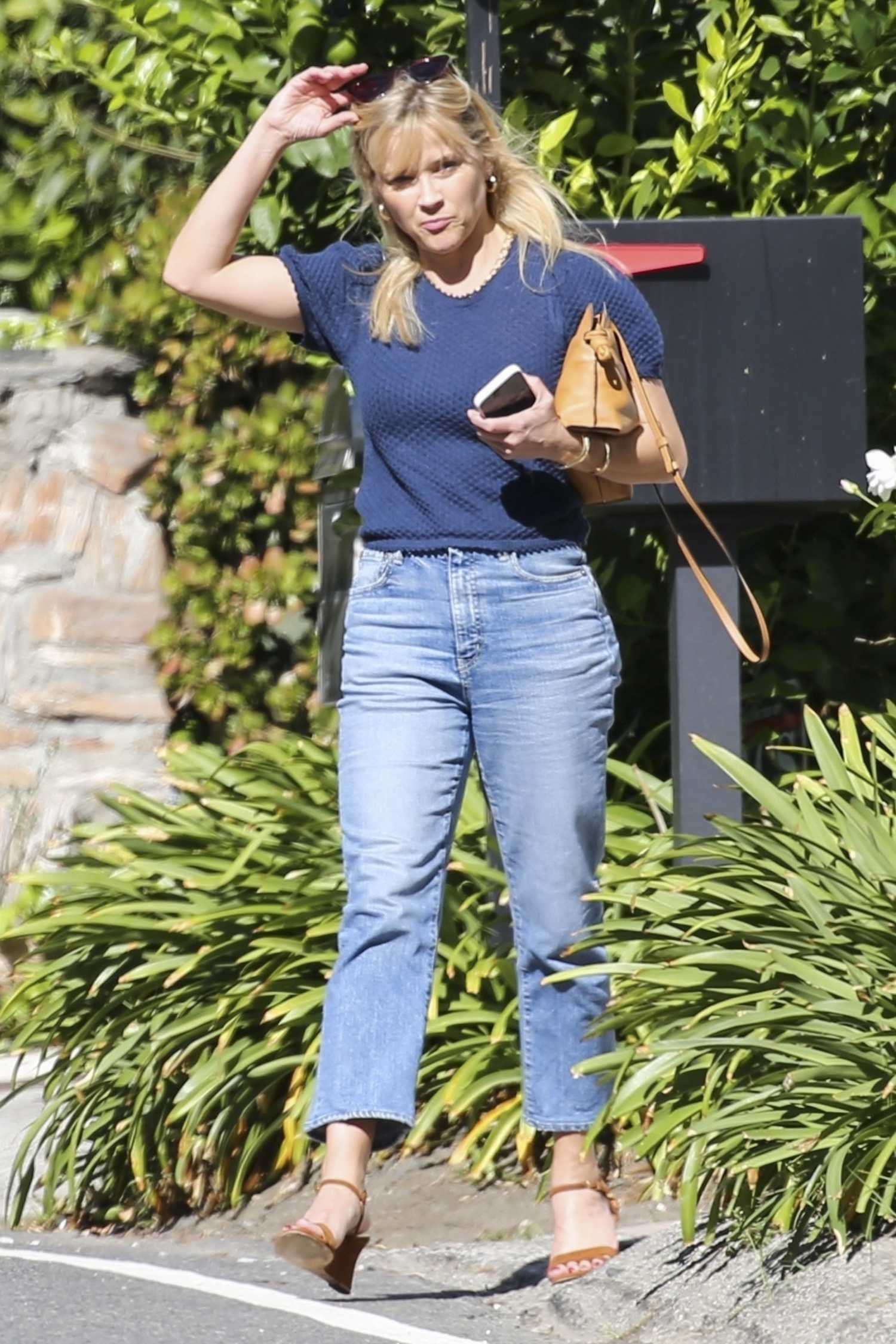 Reese Witherspoon in a Blue Blouse Heads to a Friend’s House in Santa ...
